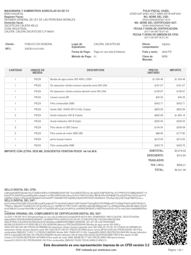 Este Documento Es Una Representación Impresa de Un CFDI Versión 3.2 ...