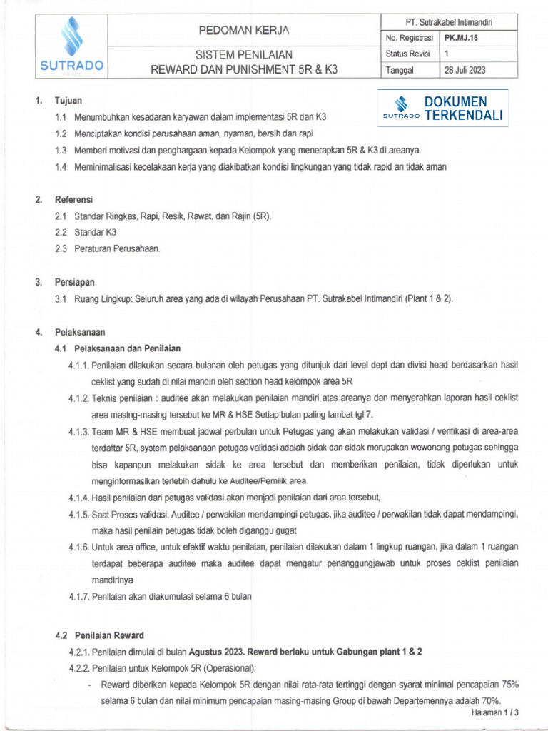 PK - mj.16 Sistem Penilaian Reward Dan Punishment 5R & K3 - Rev.01 | PDF