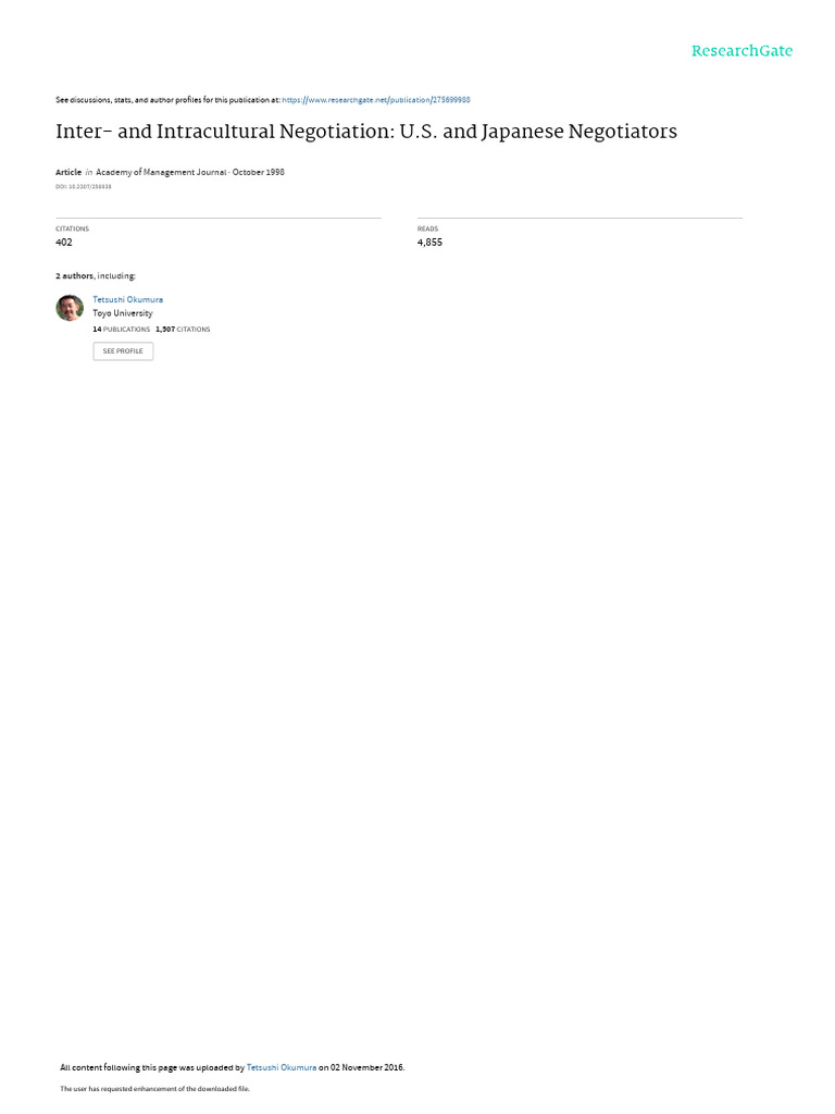 Brett, J.M., y Okumura, T. (1998) - Inter and Intracultural Negotiation US and Japanese ...