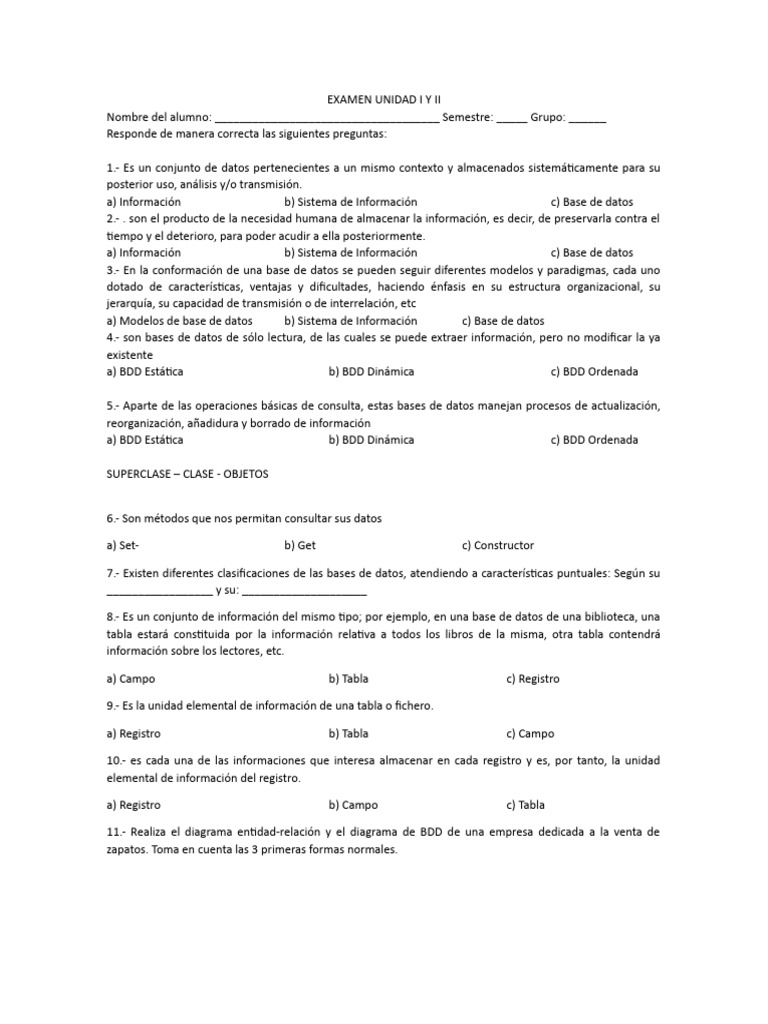Examen Unidad I y Ii BDD | PDF | Bases de datos | Información