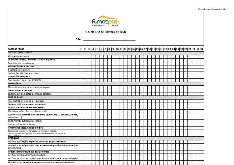 Check List de Rotinas de Bar | PDF