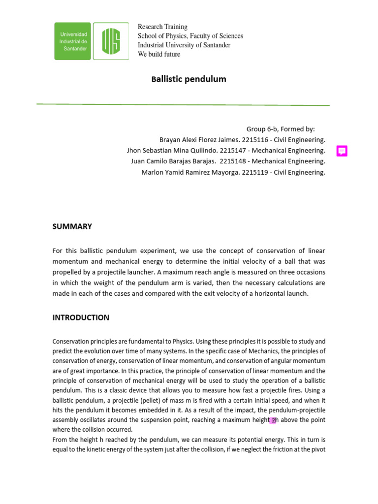 Ballistic Pendulum Pdf Collision Momentum