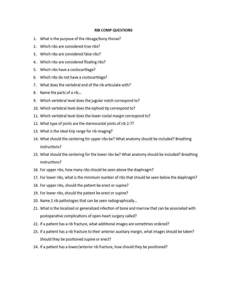 Rib Comp Questions | PDF | Musculoskeletal System | Skeletal System Rib Comp Questions | PDF | Musculoskeletal System | Skeletal System