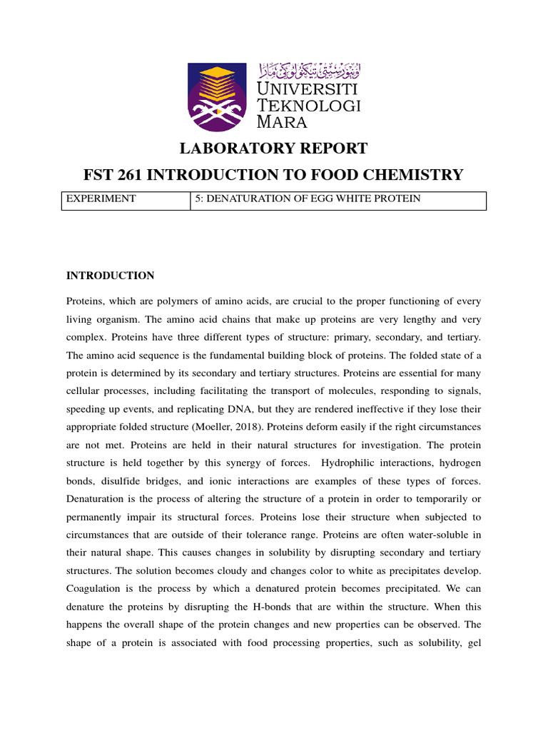 Lab Report Exp. 5 FST261 | PDF | Denaturation (Biochemistry) | Proteins