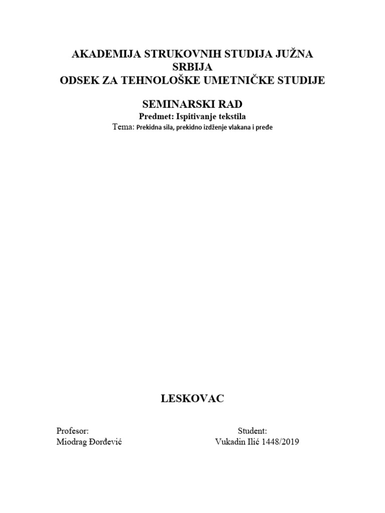 Seminarski Rad Ispitivanje Tekstila | PDF
