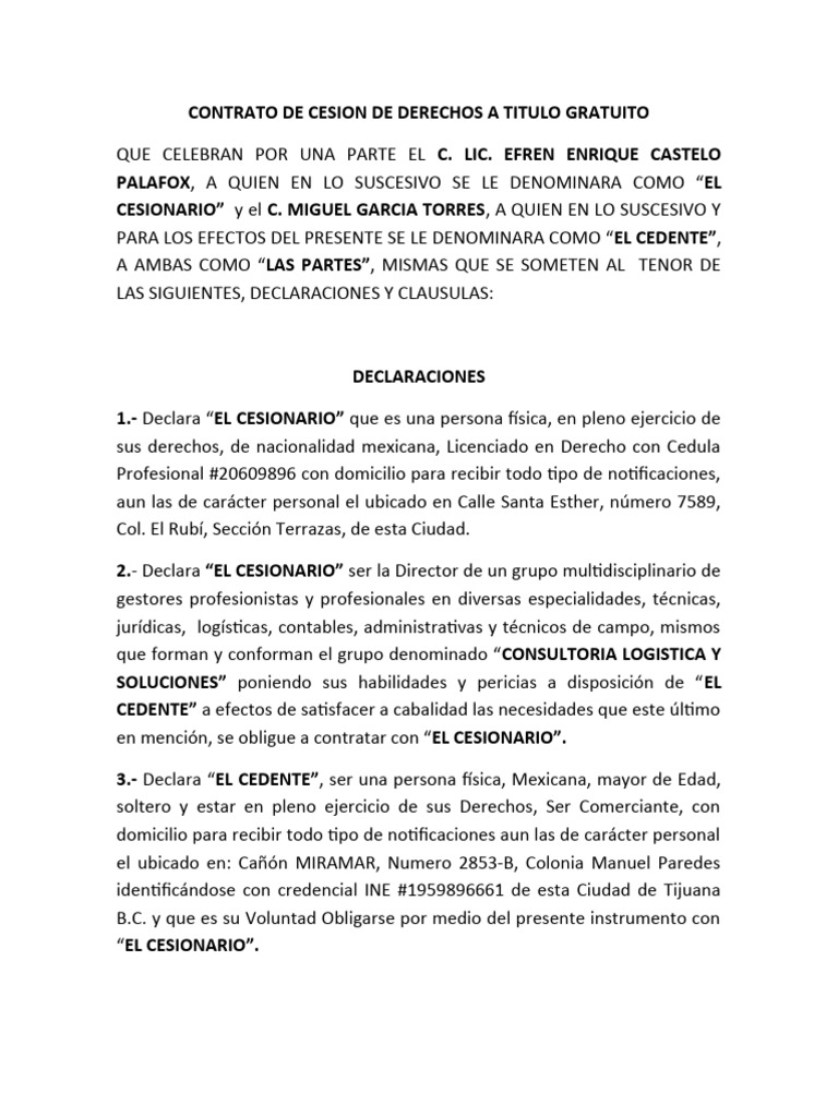Contrato de Cesion de Derechos A Titulo Gratuito | Descargar gratis PDF | Ley común | Derecho ...