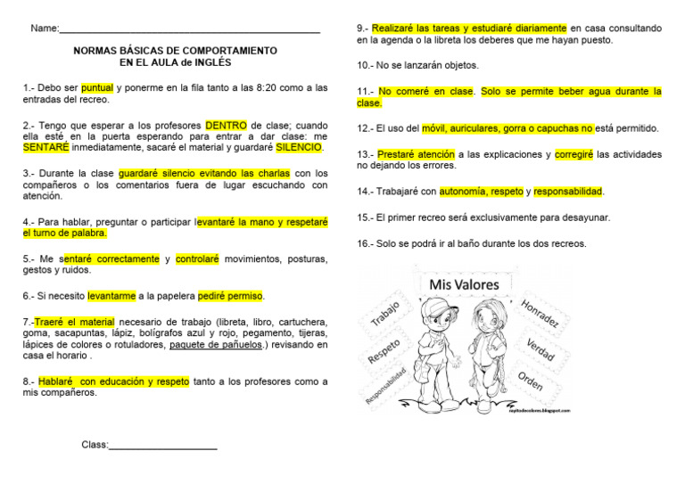 02 Normas Basicas de Comportamiento en El Aula 22-23 | PDF | Artes del ...