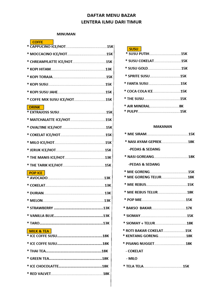 Daftar Menu Bazar Lidt | PDF | Industri Pangan | Makanan dan Minuman
