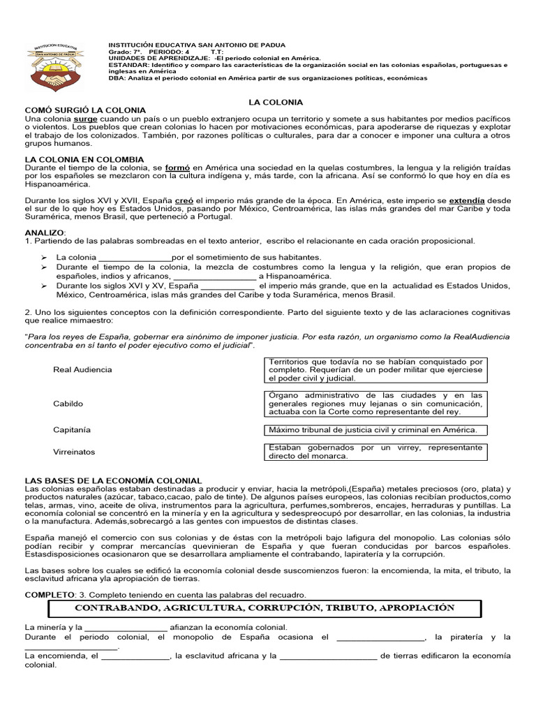 Taller de la Colonia en Colombia para Niños | PDF | Colonialismo ...