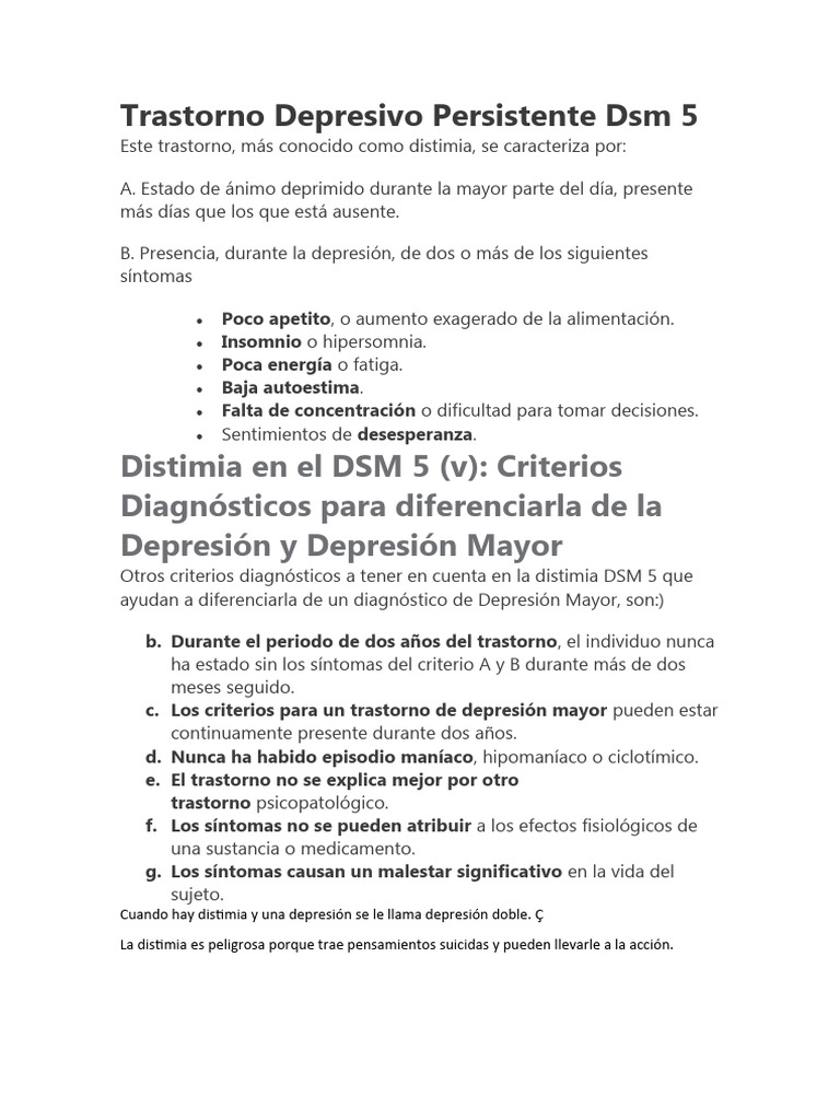 Trastorno Depresivo Persistente DSM 5 | PDF | Trastorno depresivo mayor | Depresión (estado de ...
