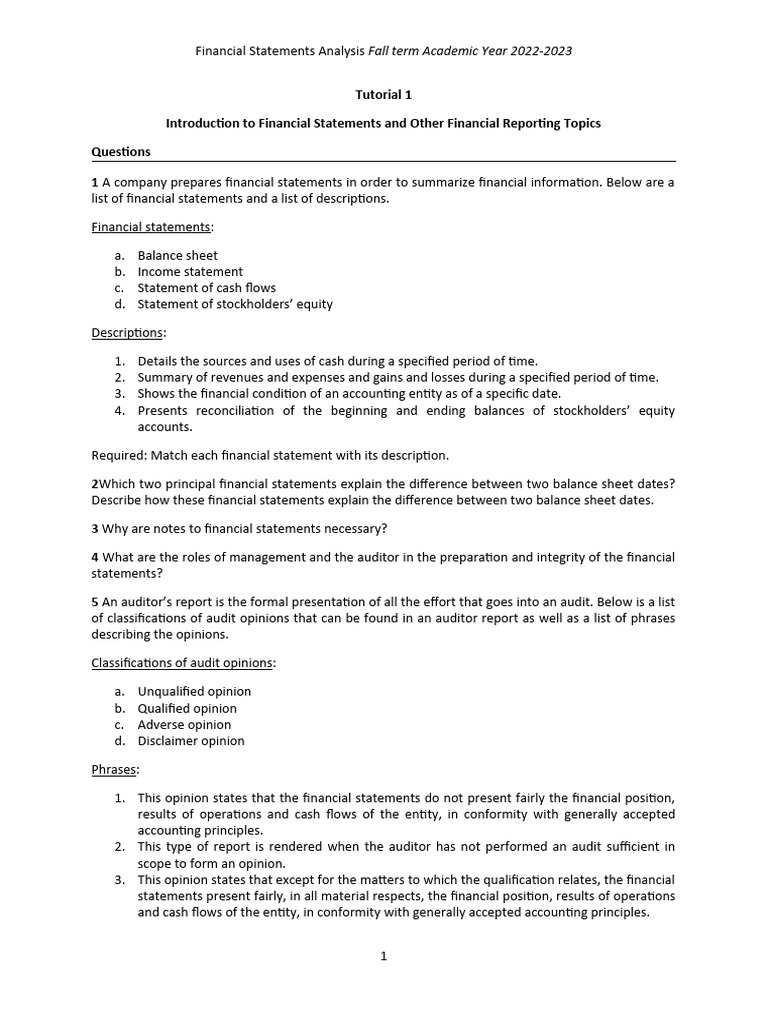 FSA-Tutorial 1-Fall 2022 | PDF | Auditor's Report | Financial Statement