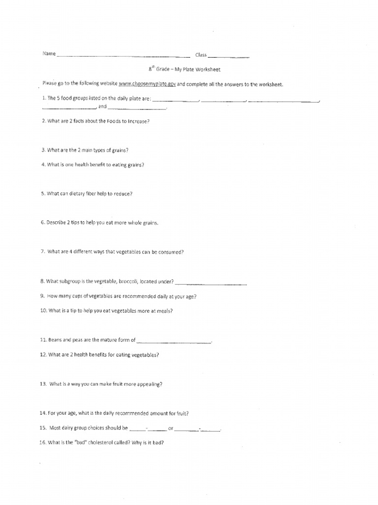 8th Grade Myplate Worksheet | PDF