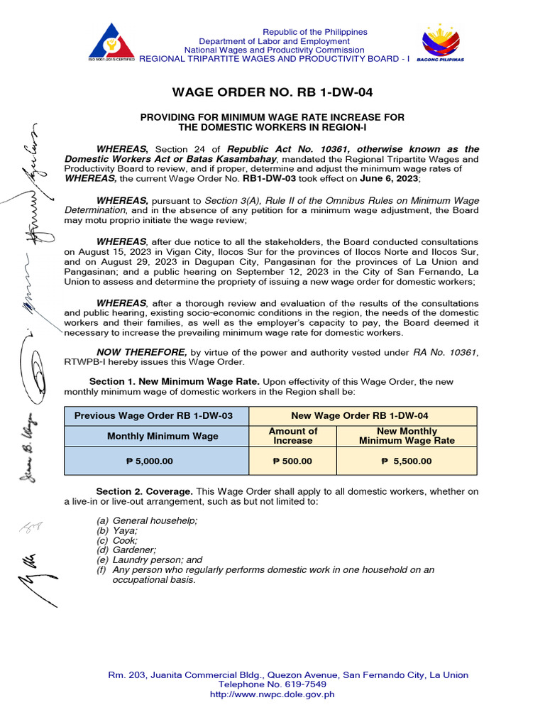 Wage Order No. RB 1 DW 04 | PDF | Domestic Worker | Wage