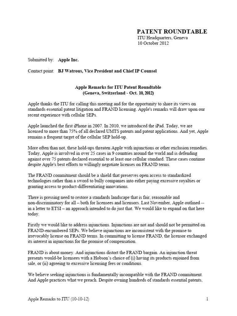 Apple Remarks ITU Patent Roundtable | PDF | License | Royalty Payment