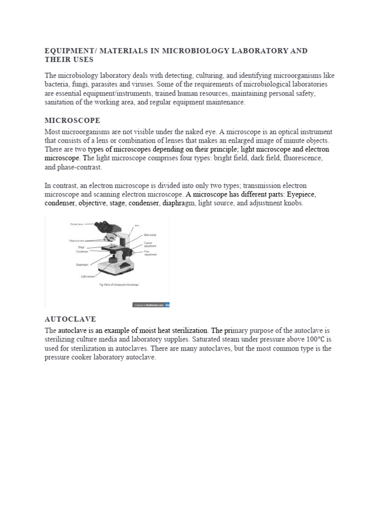 Equipments and Materials Used in MCB Lab | PDF | Microscope | Growth Medium