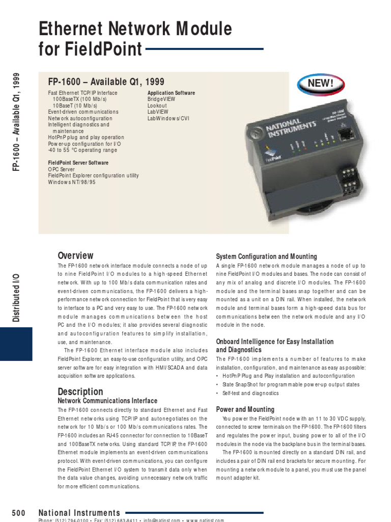 Ethernet Network Module For Fieldpoint: Fp-1600 - Available Q1, 1999 ...