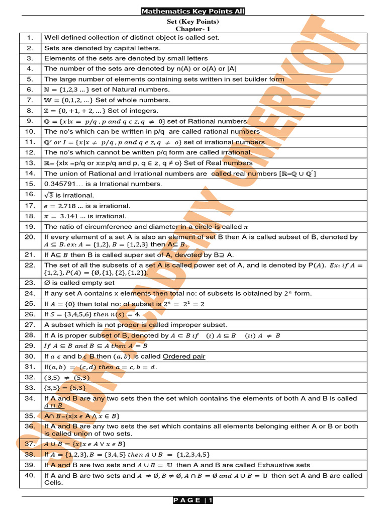 Mathematics Key Points All | PDF | Rational Number | Set (Mathematics)