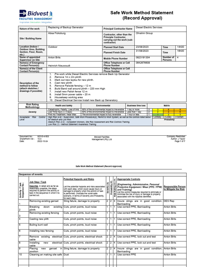 ABSA Bidvest FM Safe Work Method Statement Template - May 2023 | PDF ...