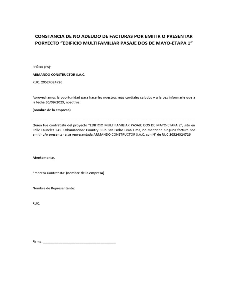 Carta de No Adeudo de Facturas | PDF
