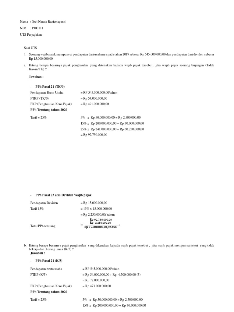 Dwi Nanda Rachmayanti - UTS Perpajakan | PDF | Bisnis | Pengelolaan ...