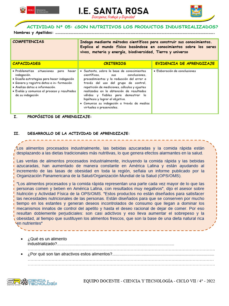 Ficha de La Act. 5 - U - 1 - 4 - 22 | PDF | Alimentos | Nutrición