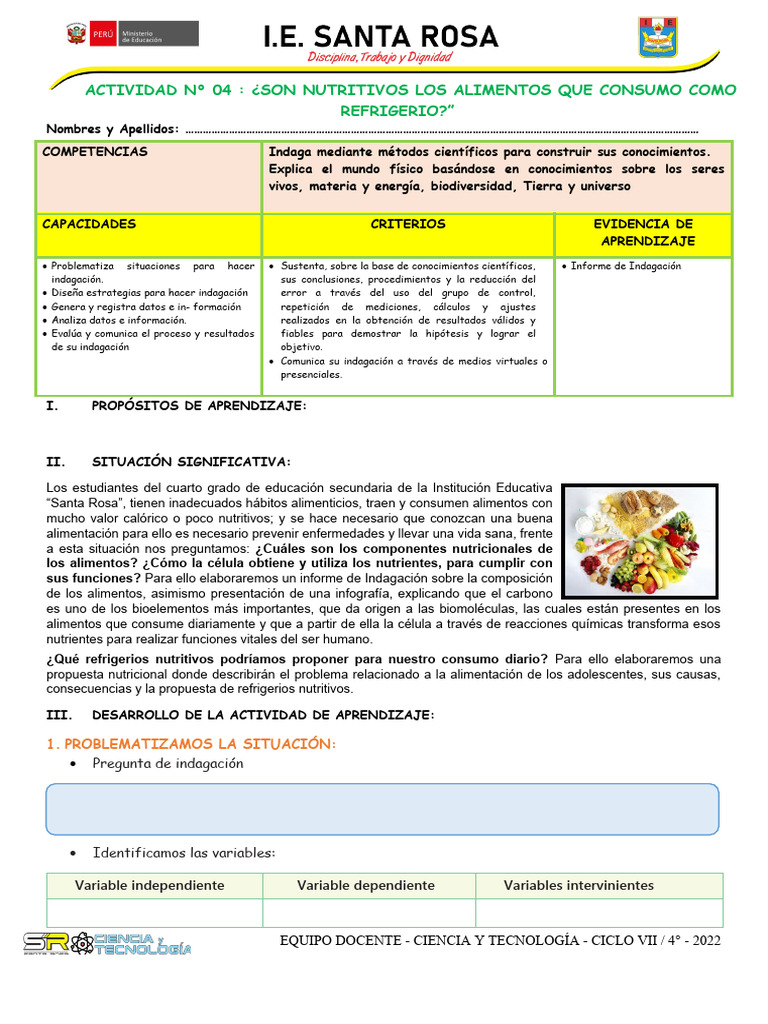 Ficha de La Act. 4 - U - 1 - 4 - 22 | Descargar gratis PDF | Nutrición ...