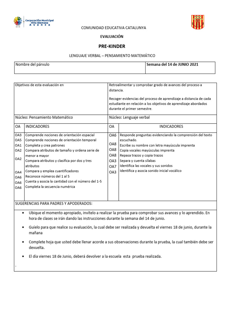 Pre Kinder Prueba Semana Del 14 de Junio | PDF | Evaluación | Vocal