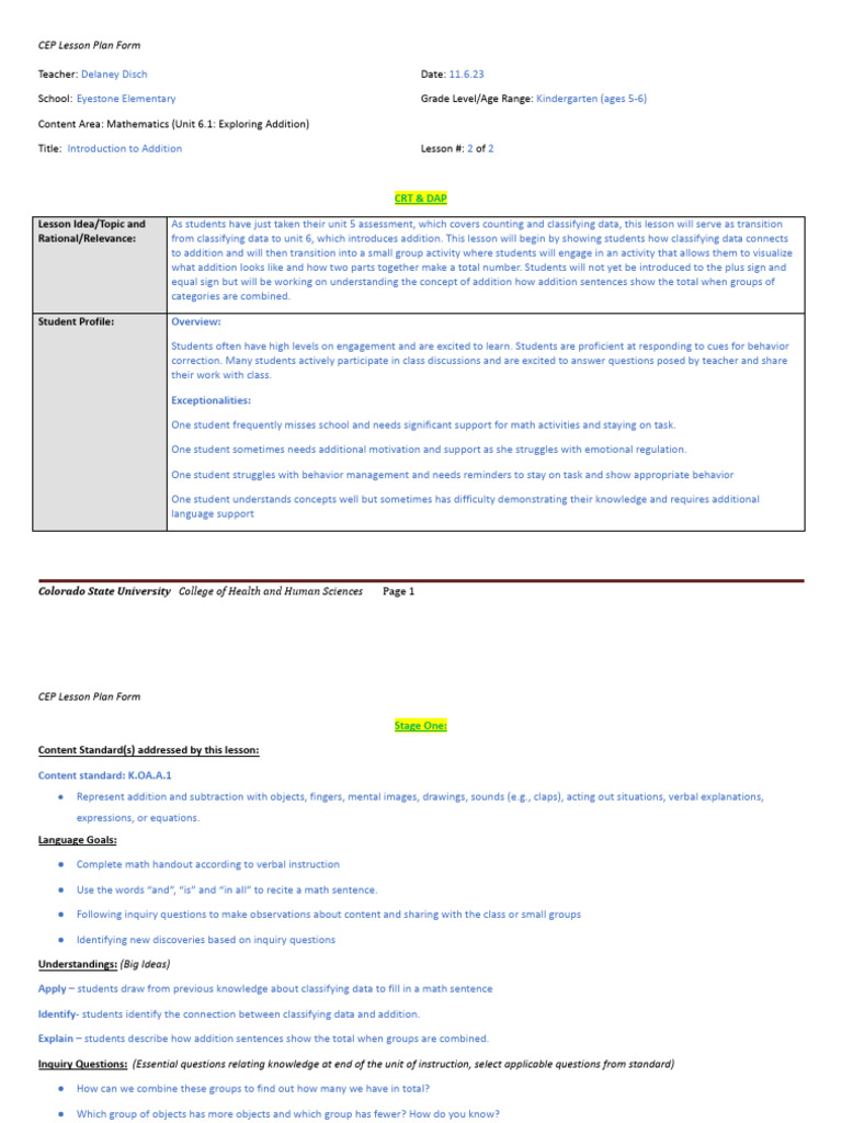 cep lesson plan 2 - delaney disch 11 | PDF | Lesson Plan | Teaching Mathematics