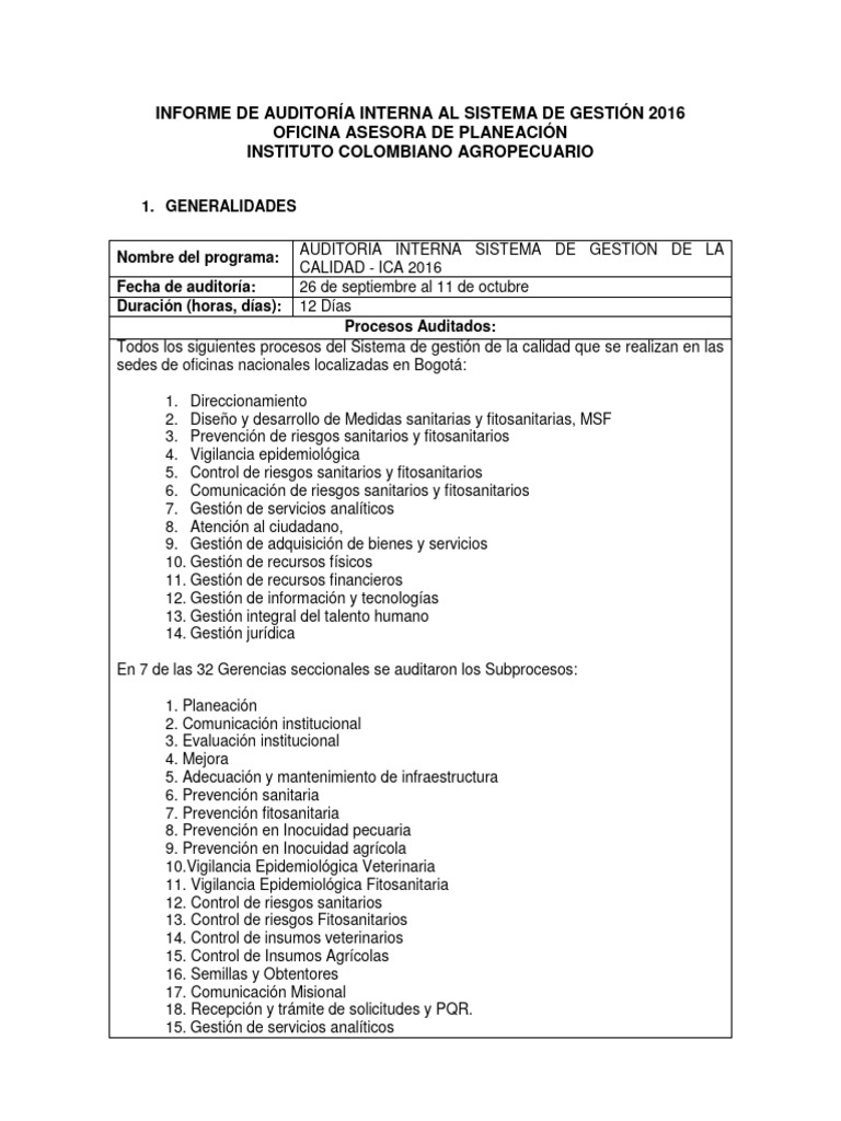 Auditoria Interna Calidad Ica 2016 | PDF | Auditoría | Calidad (comercial)