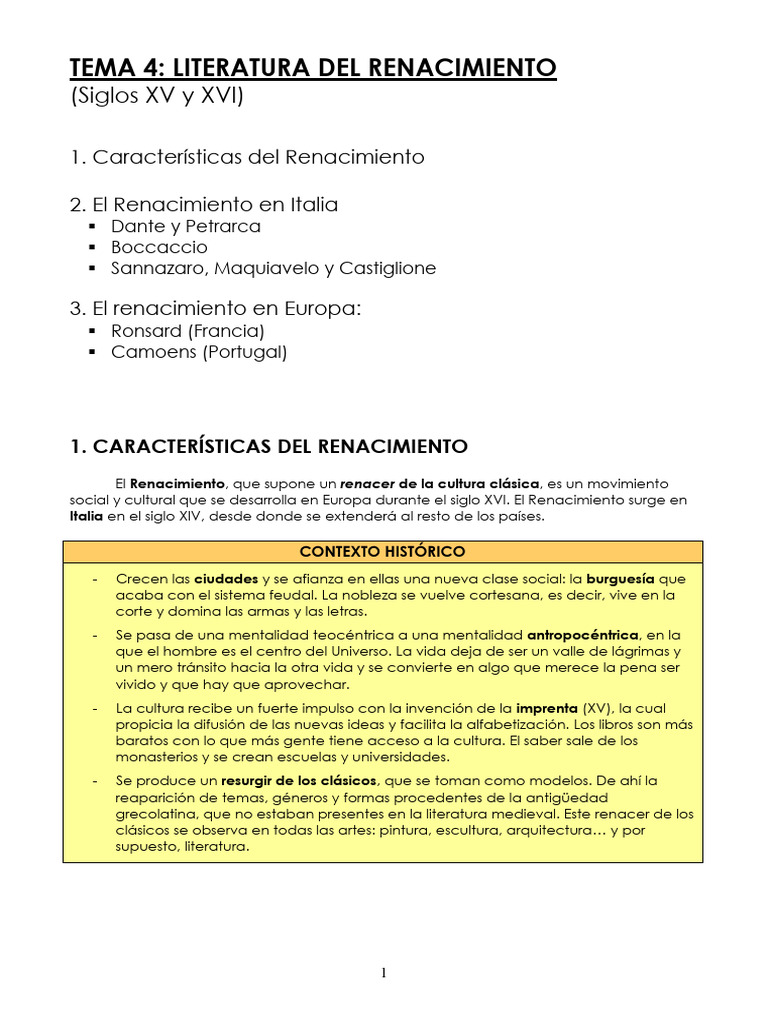 TEMA 4 - Lit Renacimiento | PDF | Divina Comedia | Renacimiento