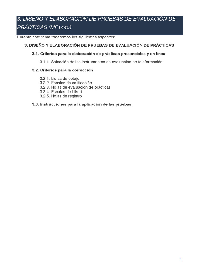 UD_03. DISEÑO Y ELABORACIÓN DE PRUEBAS DE EVALUACIÓN DE PRÁCTICAS (MF1445) | PDF | Evaluación ...