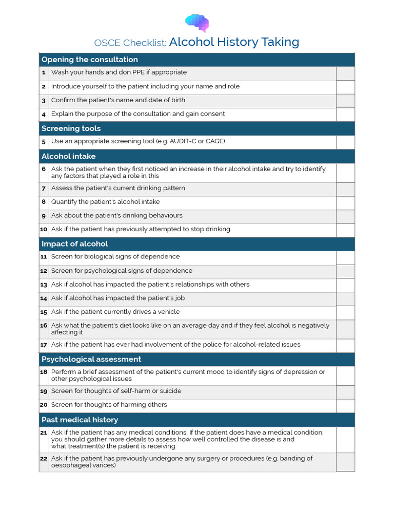 OSCE Checklist Alcohol History Taking | PDF | Substance Dependence ...