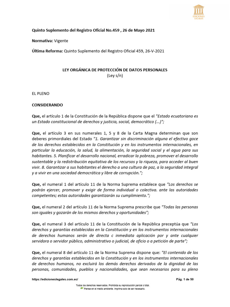 Ley Orgánica de Protección de Datos Personales - Ecuador | PDF | Constitución | Estado (política)