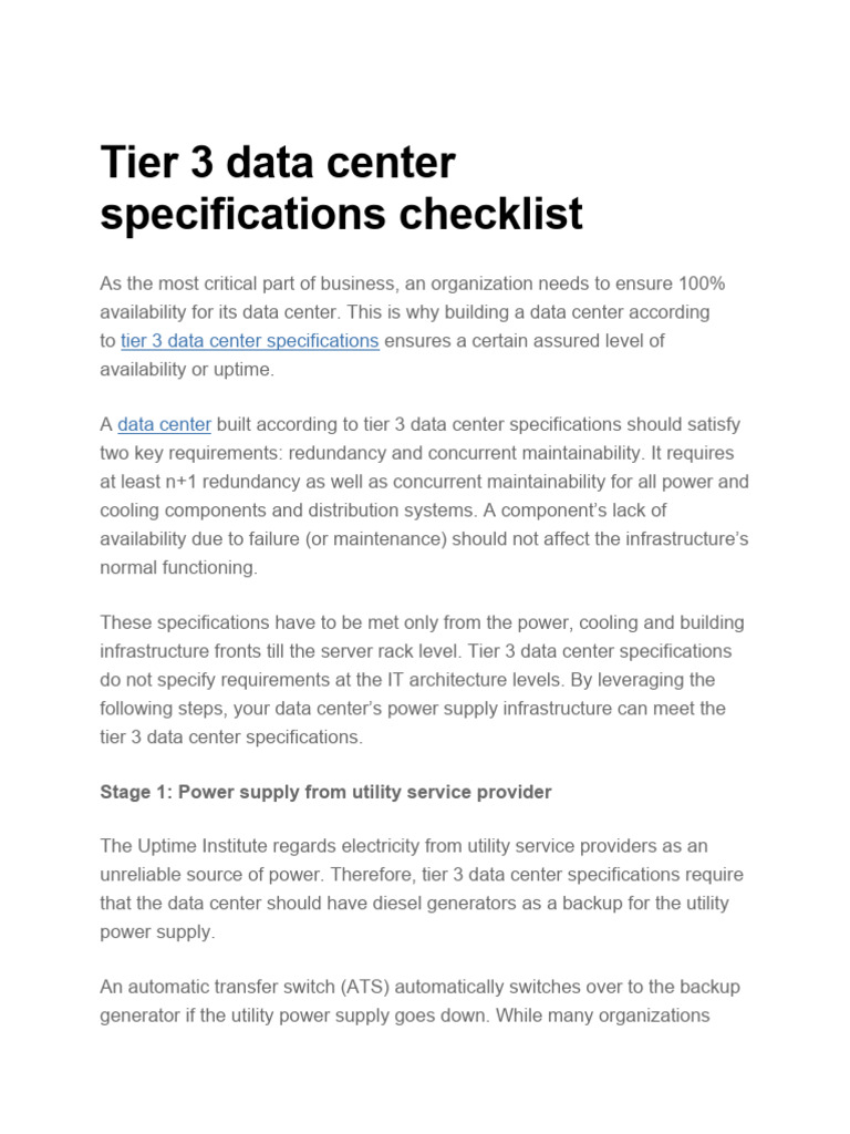 Tier 3 Data Center Specifications Checklist | PDF | Data Center ...