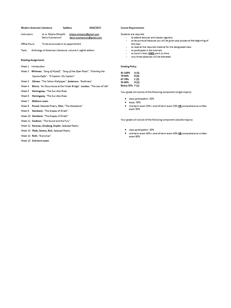 Modern American Literature Syllabus | PDF | American Literature ...