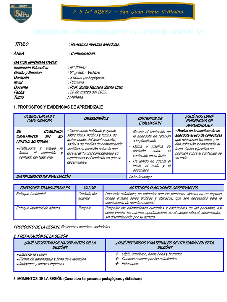 COMUN- SESION DE APRENDIZAJE N°5-Revisamos nuestras anécdotas (1) | PDF | Aprendizaje | Evaluación