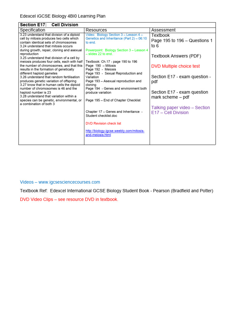 Edexcel iGCSE Biology Section E17 Cell Division | PDF | Ploidy | Sexual Reproduction