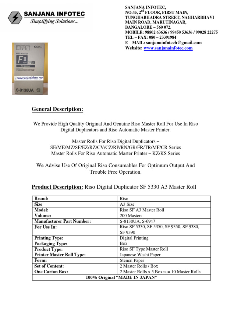 Riso Digital Duplicators SF 5330 sf5330 F Type A3 S 6947ua S 8130ua Master Roll | PDF