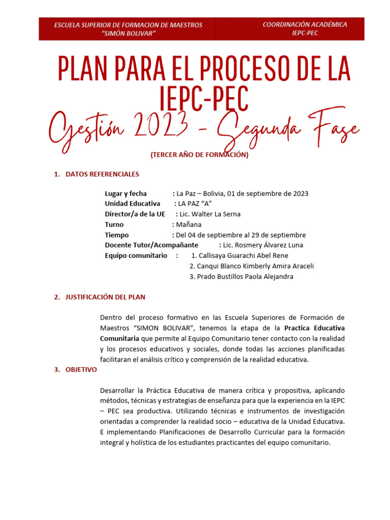EJEMPLO PLAN DE ACCION IEPC-PEC | PDF
