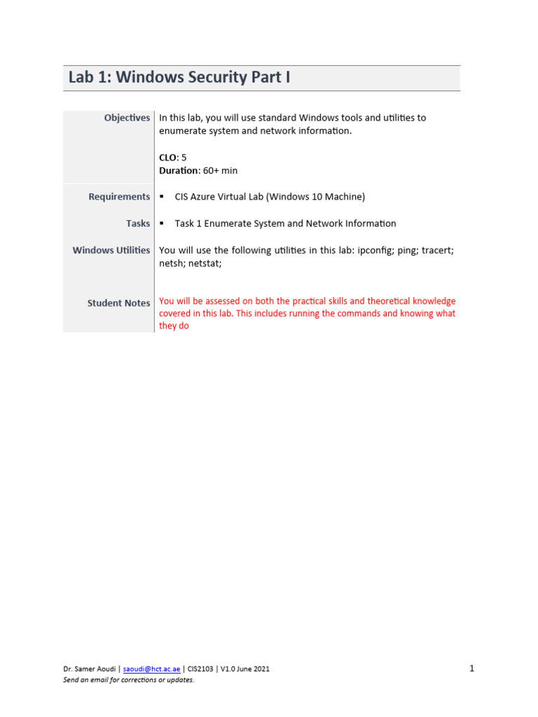 Lab01-Windows Part 1-Student | PDF | Ip Address | I Pv6