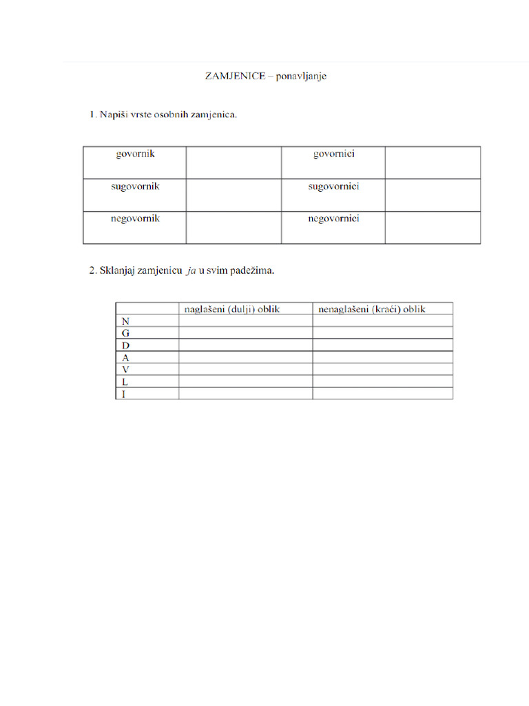 Zamjenice Radni Listić | PDF