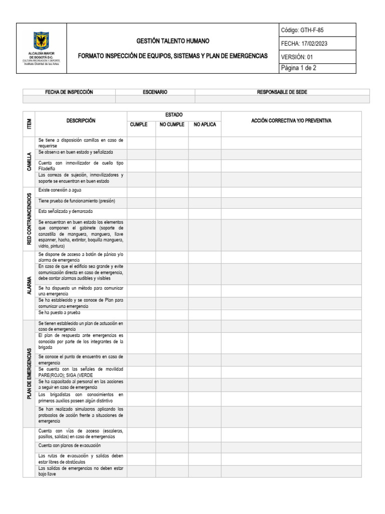 10. FORMATO INSPECCIÓN DE EQUIPOS, SISTEMAS Y PLAN DE EMERGENCIAS | PDF