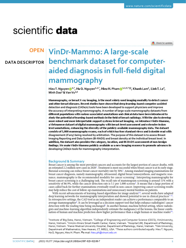 VinDr-Mammo: A Large-Scale Benchmark Dataset For Computer - Aided ...