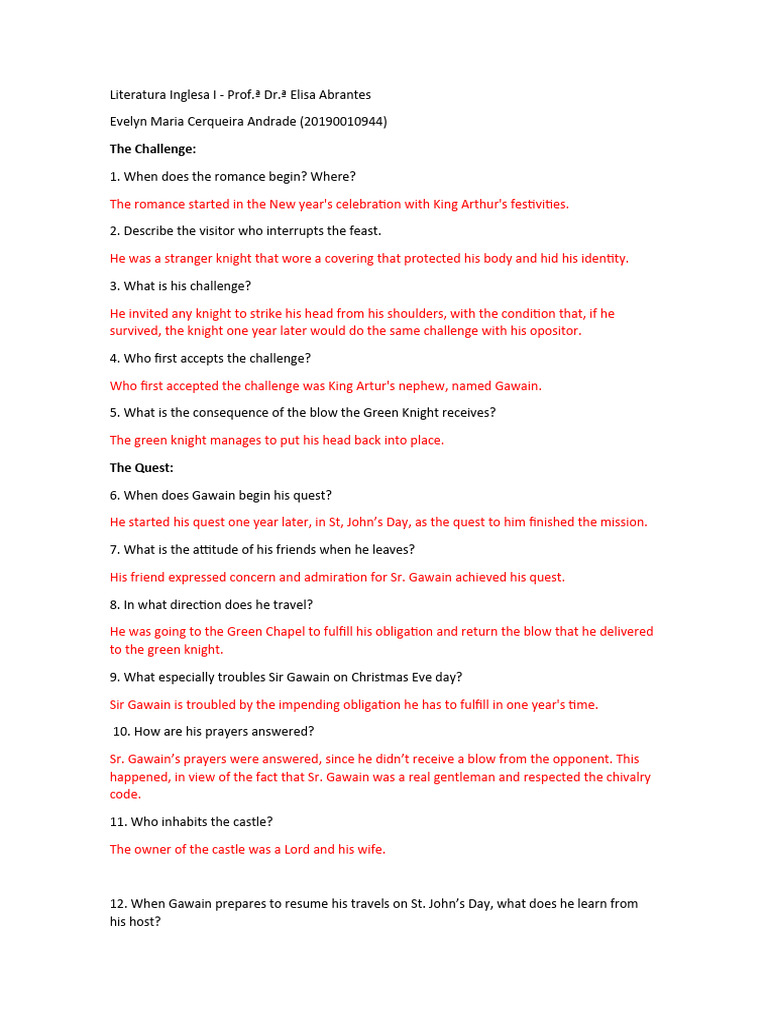 Discussion Questions on Sir Gawain | PDF | Green Knight