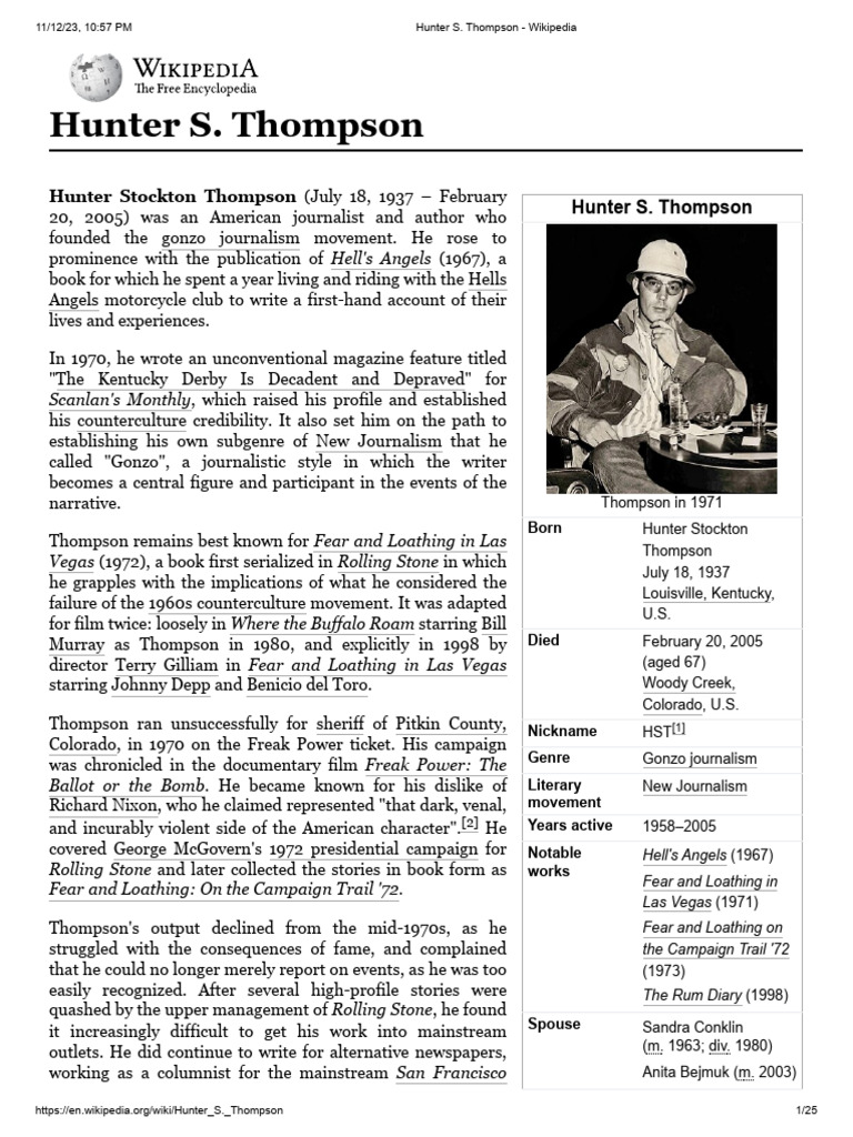 Hunter S. Thompson: Gonzo Journalism Icon | PDF