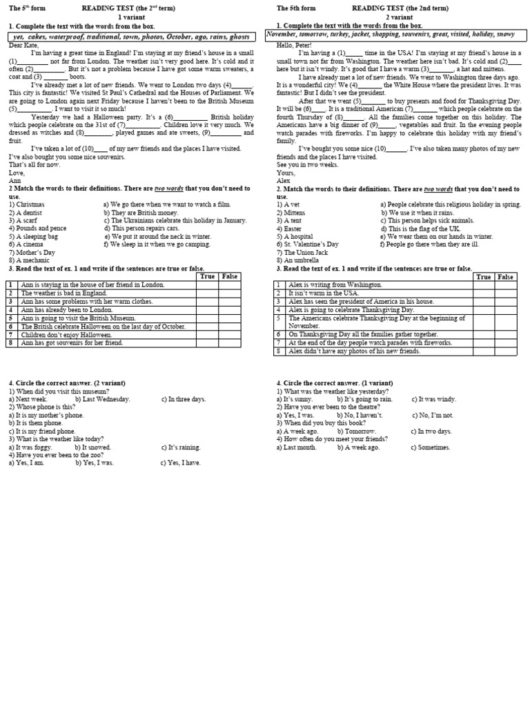 5th Form Reading Test: Holidays & Weather | PDF | Thanksgiving ...