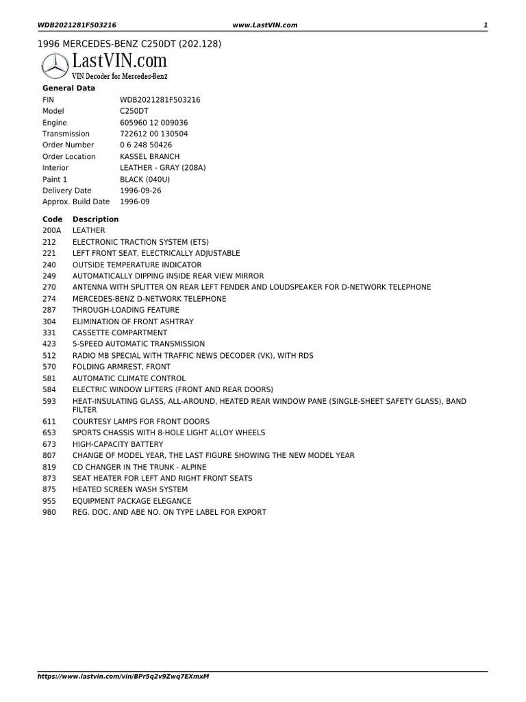 1996 MERCEDES-BENZ C250DT (202.128) : General Data | PDF | Technology ...