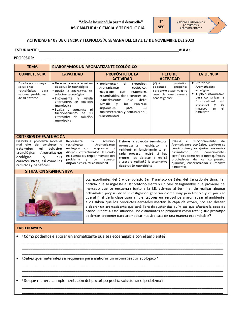 3 SEC. EDA 7 SEMANA 5 CYT Disena 2023 Elaboramos Un Aromatizante Ecologico | PDF | Evaluación ...