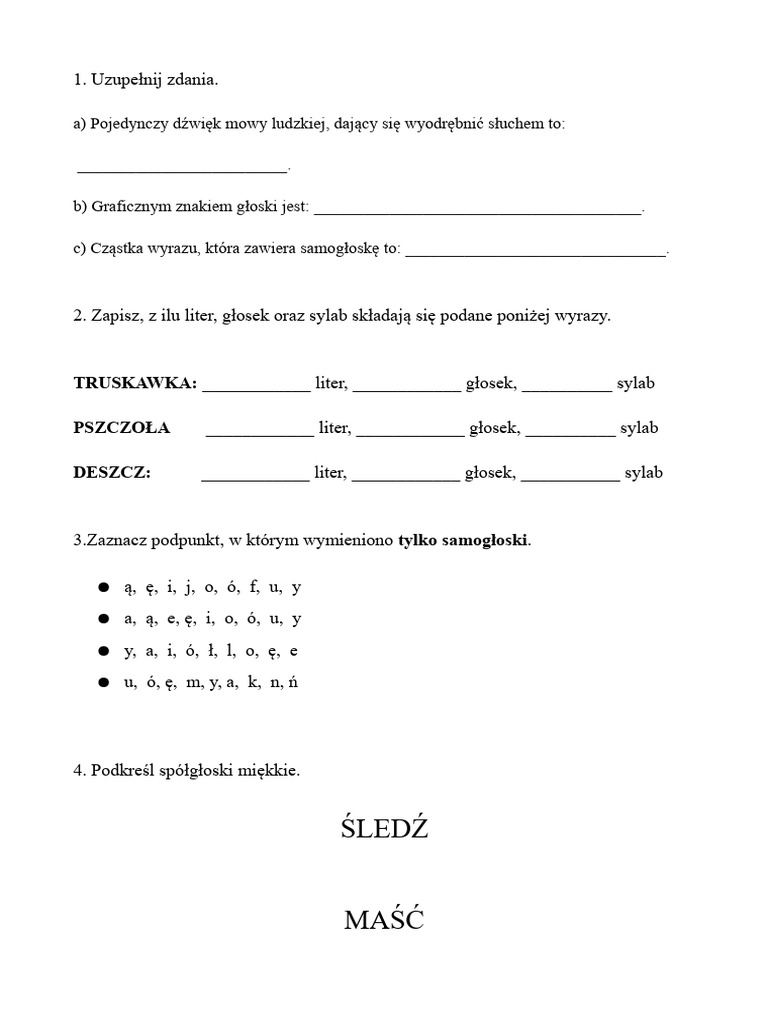 Kartkówka Głoska, Litera, Sylaba.odt Wersja Poprawiona | PDF