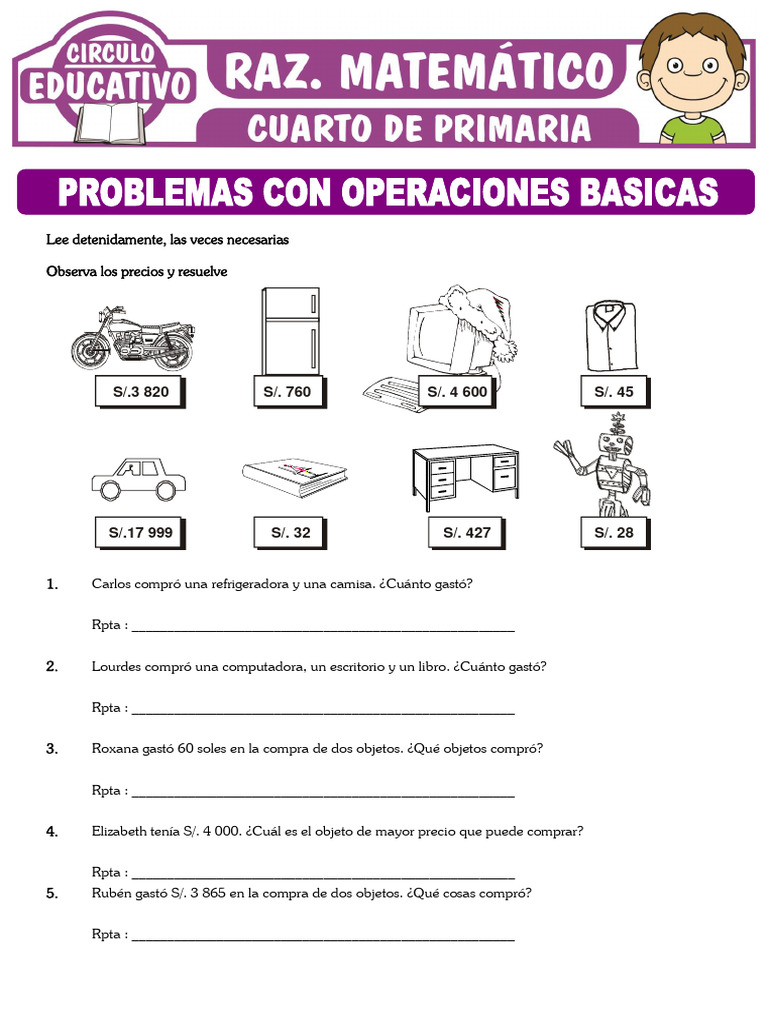 Problemas Con Operaciones Basicas para Cuarto de Primaria | PDF